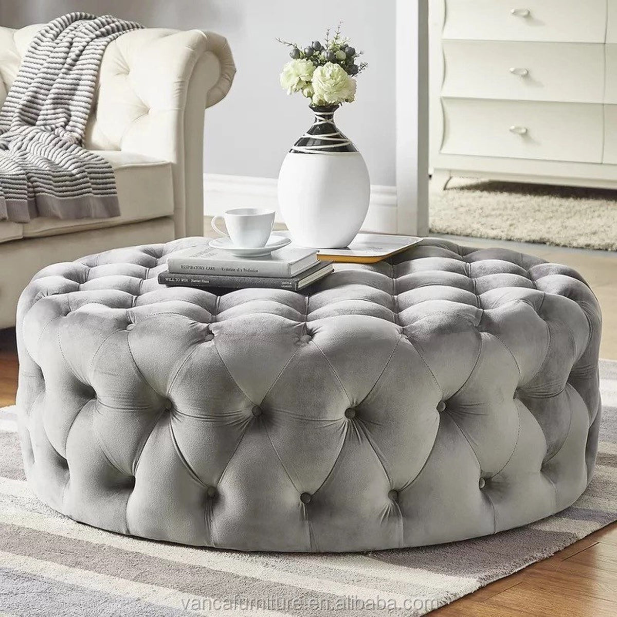 Luxurious Chesterfield Comfy Round shaped Pouffe Footstool – Bonanza Sleep